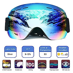 XINDEEK Snowboard Ski Goggles, Fit for All Faces Anti-fog UV Dual Lens Snow Goggles for Men Women
