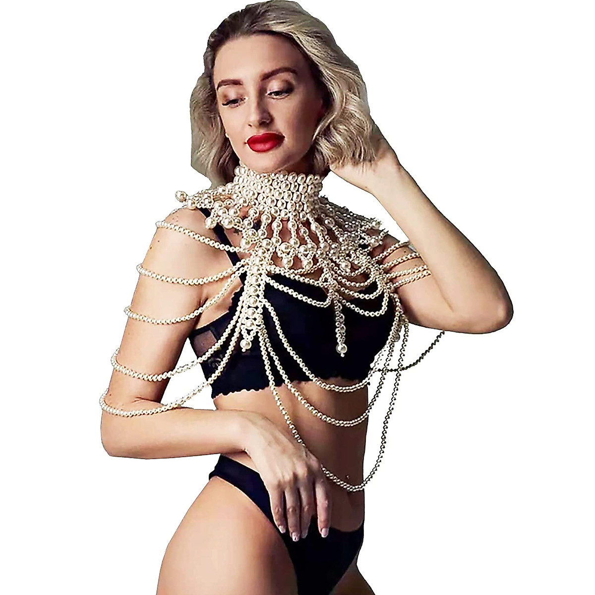 Pearl Body Chain Necklace for Women - Adjustable Size Fashion Handmade Pearl Body Chain for Party