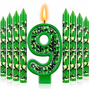 Zomiboo 13 Pcs Camo Birthday Candles Army Theme Candles for Cake Green Number Candle Camouflage Cake Candles for Birthday Graduation Celebration Wedding Party Supplies Decoration (Number 9)