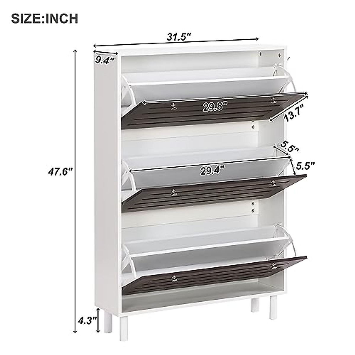 Narrow Shoe Cabinet with 3 Flip Drawers for 24 Pairs Shoes, Natural Wood Top Entryway Organizer with 3 Hooks, Free Standing Shoe Rack with Adjustable Panel for Hallway, 31.5''x9.4''x47.6'',White&Brown