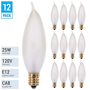 KOR Pack of 12 – 25 Watt Flame Tip Shape Frosted Candelabra Light Bulbs, E12 Base, 120V, Incandescent Dimmable. Warm White Color, 25W for Chandeliers, Pendants, Ceiling Fan and Sconces