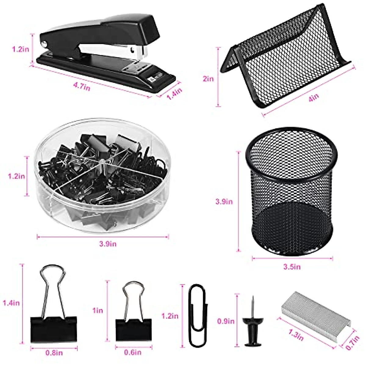 AOFUXTI Office Supplies Desk Organizer - Desk Organizers and Accessories, Office Supplies Set with Pen Holder, Stapler and 72 Clips Set for Office, Home, School, Black