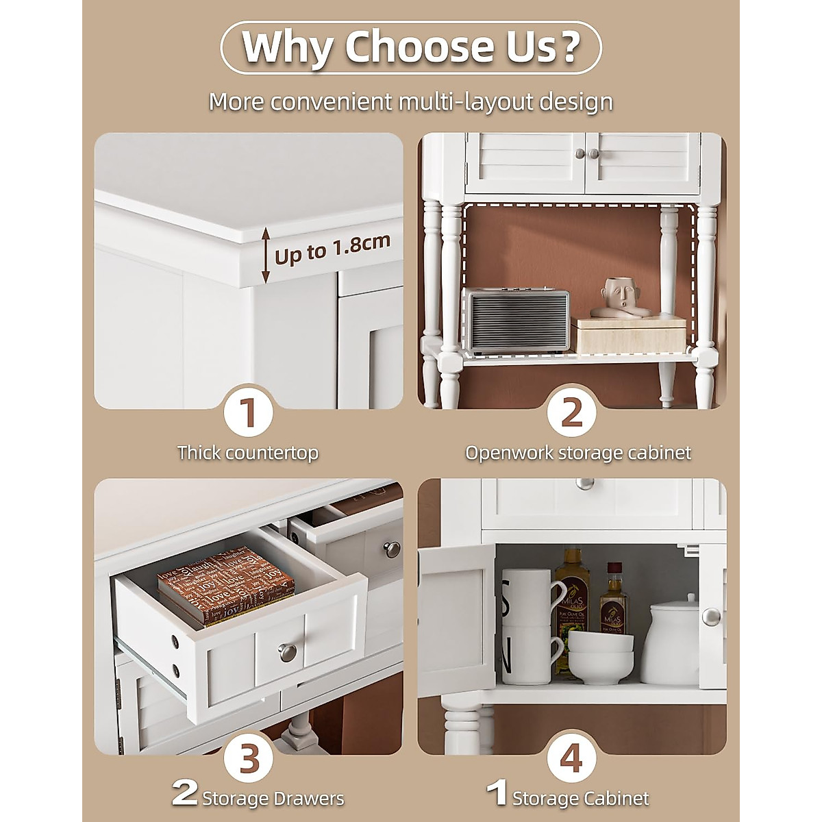 Knowlife Console Table with 2-Door Cabinet & 2 Drawers, Sofa Tables, Entryway Table with Storage Shelf, Coffee Bar Buffet Sideboard for Kitchen, Hallway, Dining, Living Room, White