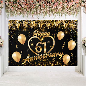 Happy 61st Anniversary Backdrop Banner Decor Black Gold – Glitter Love Heart Happy 61 Years Wedding Anniversary Party Theme Decorations for Women Men Supplies, 3.9 x 5.9 ft