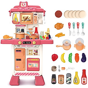 deAO Kids Kitchen Playset Toy with Sounds and Lights, Role Playing Game Pretend Food and Cooking Playset for Kids,35 PCS Kitchen Accessories Set for 3 4 5 Years Old Girls Boys