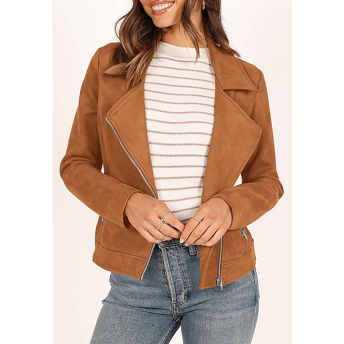 PRETTYGARDEN Womens Winter Faux Suede Motorcycle Jacket Long Sleeve Zipper Pockets Short Coat Y2K Fashion Dressy Outerwear (Brown,X-Large)