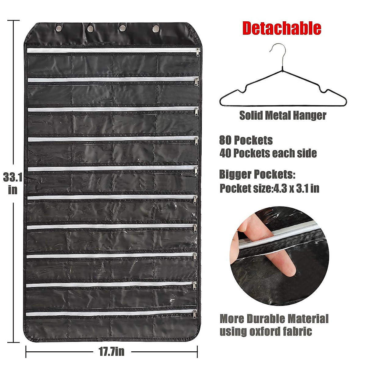 BB Brotrade Hanging Jewelry Organizer with Oxford Double Side 80 Zippered Storage Pocket (black)