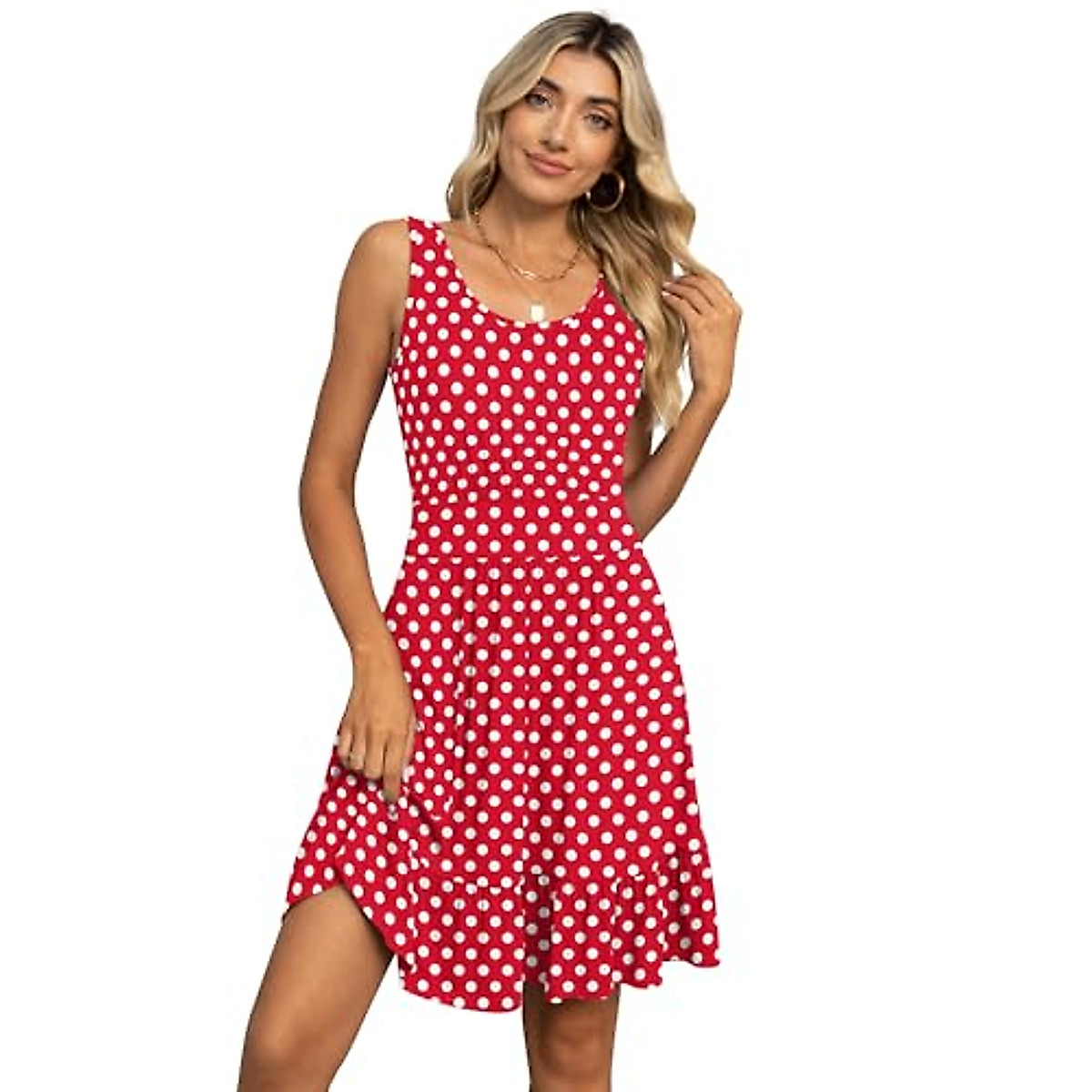 LILBETTER Women's Beach Dresses for Women Casual Summer Sexy Knee Length Mini Dresses(F Red Polka Dot, XX-Large)