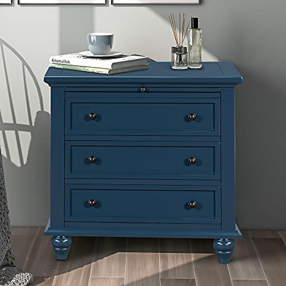Knocbel 3-Drawer Nightstand with Pull-Out Tray, Wooden Bedside Night Stand Sofa Side End Table with Legs, 110lbs Weight Capacity, 28.1" H x 28" W x 16.9" D (Blue)