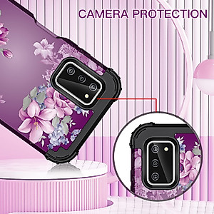 LONTECT for Galaxy A03S Case Floral Shockproof Rugged Heavy Duty 3 in 1 Hybrid Sturdy High Impact Protective Cover Case for Samsung Galaxy A03S 6.5 inch,Purple Flower/Black