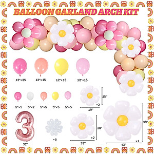 122 PCs Young Wild and Three Decorations Girl, Fiesec Groovy Boho Daisy Hippie 3rd Birthday Party Decorations Backdrop Balloon Garland Banner Tablecloth Cake Cupcake Topper Headband Poster Retro Pink
