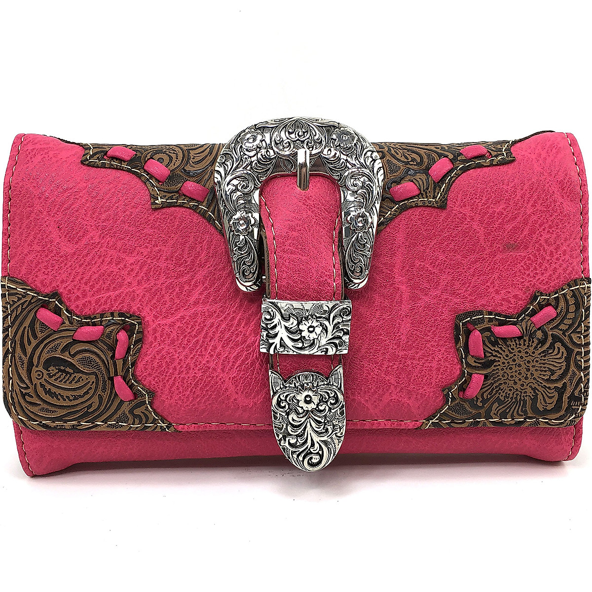 Justin West Rhinestone Buckle Solid Leather Wristlet Trifold Wallet Attachable Long Strap (Hot Pink)
