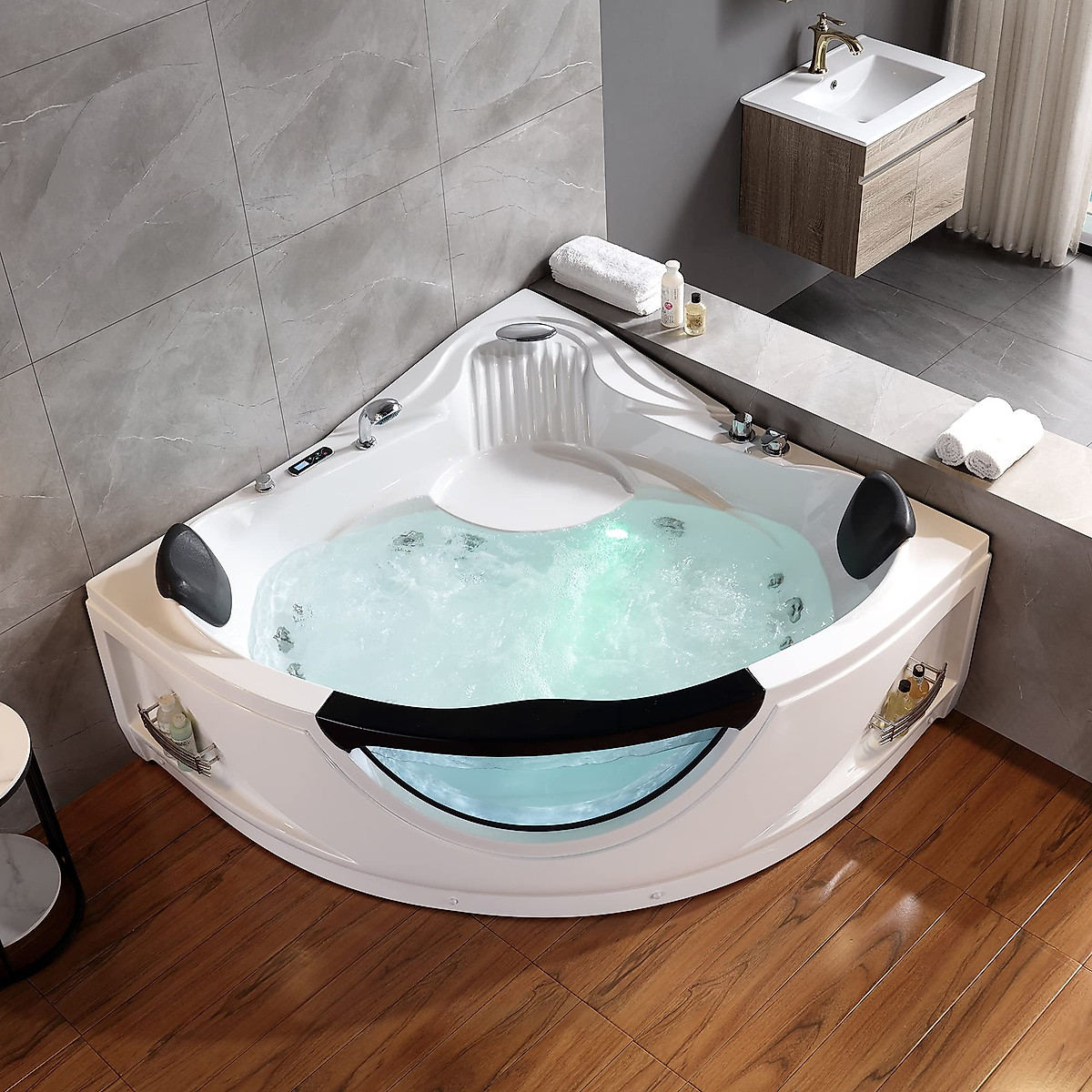 Empava Corner Whirlpool Bathtub with Heater,2 Person 59" Jetted Tub with Light,Spa Hydromassage with Chromatherapy,Acrylic,White, ETL Certified