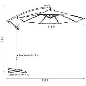 Sunnydaze 10-Foot Cantilever Umbrella with Solar LED Lights - Polyester Shade/Steel Pole - Air Vent and Cross Base - Smoke