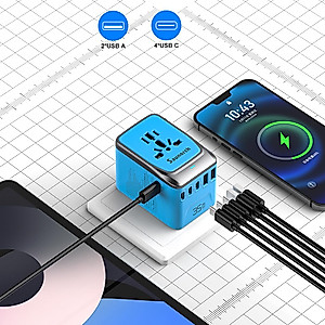 SAUNORCH Universal Travel Adapter, PD 35W 7 in 1 International Power Plug Adapter with 7.0A 4 USB-C and 2 USB-A Fast Wall Charger, Worldwide AC Outlet for US Europe UK AUS Asia - Blue