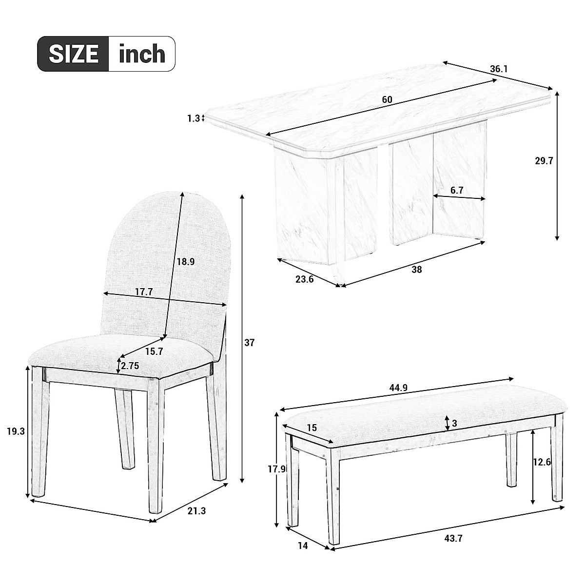 Merax 6 Pieces Dining Table Set with 4 Chairs and 1 Bench,Modern Faux Marble Kitchen Furniture, Gray