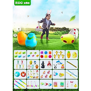 Minetom 80 Pcs Colorful Plastic Prefilled Easter Eggs with Toys inside Includes Dinosaur Toys,Finger Puppets, Pullback Car Toys, Easter Themed Rings,Easter Egg Hunt Supplies Party Favor Gifts for kids