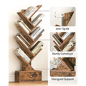 Yzosvki 9 Tier Tree Book Shelf with Drawer, Floor Standing Bookshelf Storage Organizer Bookshelves for Books/CDs, 9 Shelf Narrow Bookcase for Sturdy Room, Bedroom, Living Room, Rustic Brown