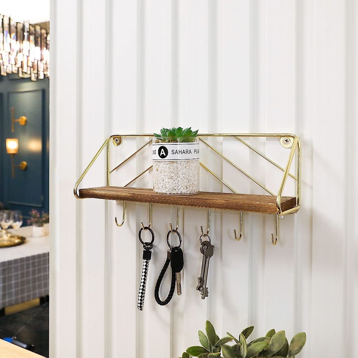 MyGift 12.4 Inch Brass Wall Key Holder Organizer Rack, Decorative Wall-Mounted Entryway Floating Wood Shelf with 6 Key Hooks