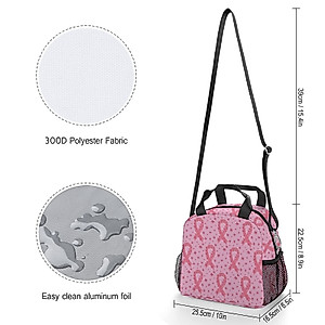 Pink Ribbon Breast Cancer Awareness Flowers Lunch Bag, Lunch Box Portable Insulated Lunch Tote Bag, Thermal Cooler Bag for Women Work Outdoor