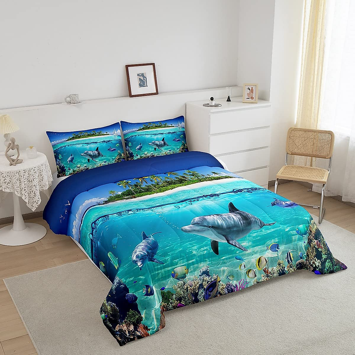 Dolphin Bedding Set Kids Cute Ocean Animal Comforter Set Boys Girls Hawaiian Sealife Decor Comforter Beach Aquarium Duvet Set Quilt Full Size Boys