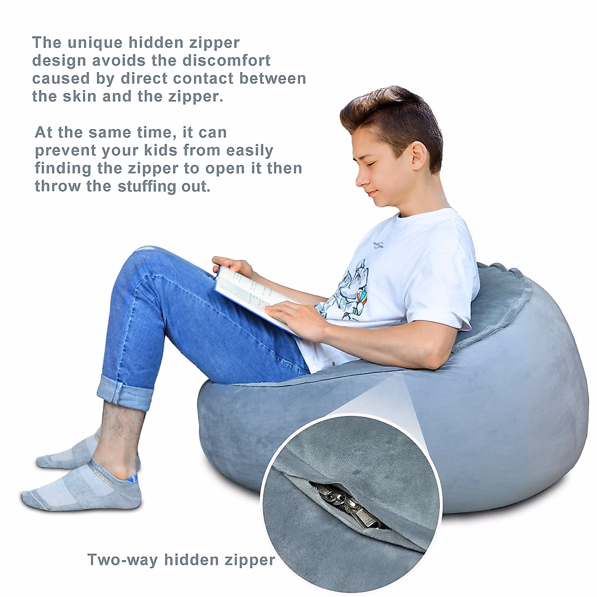 Bean Bag Chair Cover, Stuffed Animal Storage, Plush Toys Organizer Holder, Beanbag Chairs Cover for Kids Teans and Adults Super Soft and Comfortable Fabric X-Large with Handle and Zipper -Round Grey