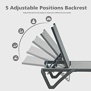 SHPAI Outdoor Chaise Lounge 3 Pieces Aluminum Patio Lounge Chair with 5 Adjustable Position Recliner Chair Outside Tanning Chairs for Patio, Beach, Yard, Pool, Side Table Included (Gray)