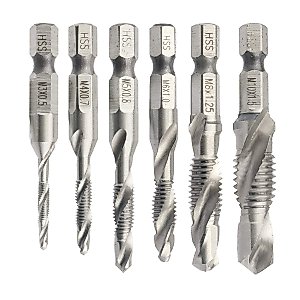 Nxtop 6pcs Combination 1/4" Hex Twist Tap Drill HSS M3-M10 Bit Screw Countersink Hexagonal Handle Metric Taps White Diamond/Titanium Plated