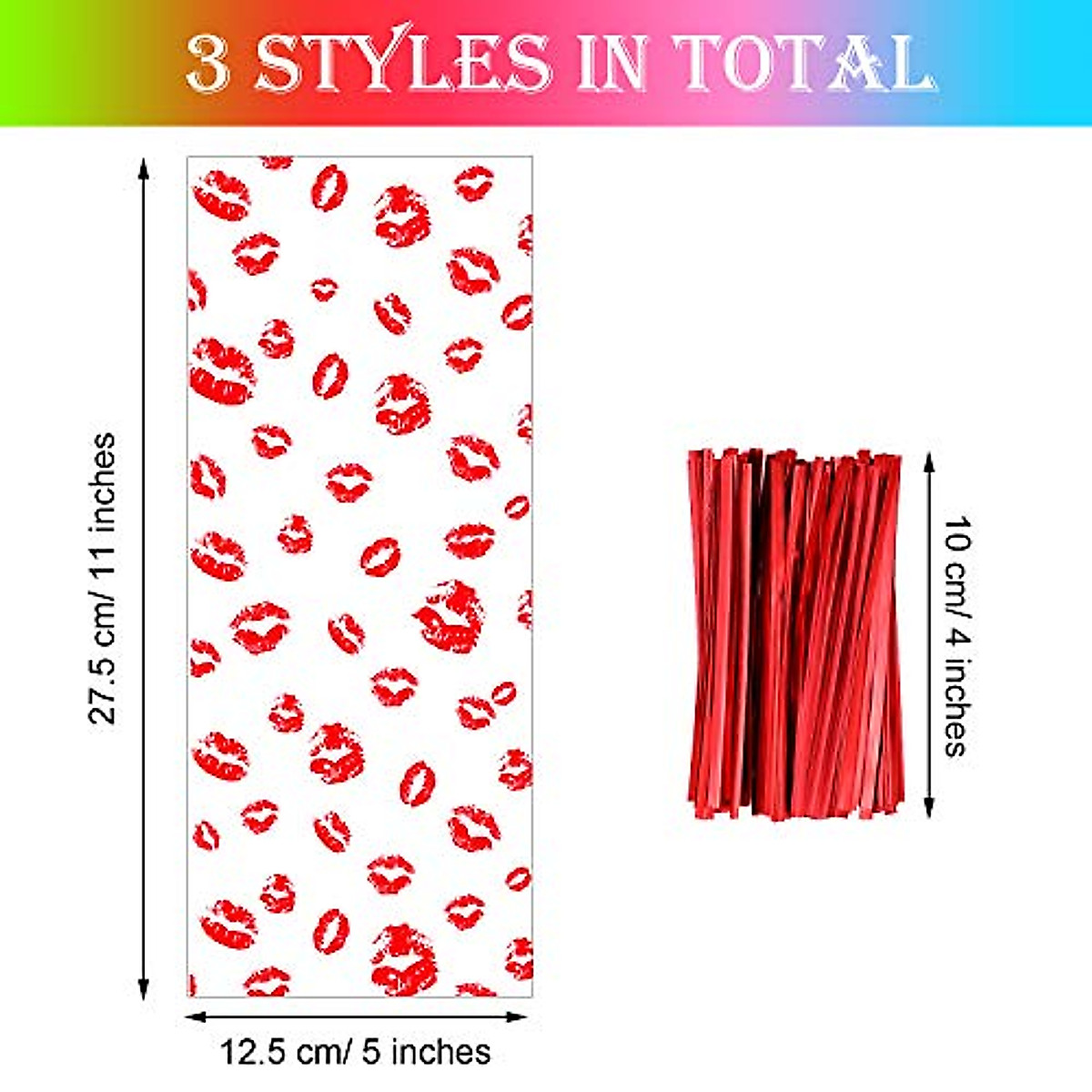 150 Pieces Valentine Cellophane Bags Treat Bags Goodies Bags Candy Bags with 150 Pieces Twist Ties for Valentine's Day Party Favor Supplies (Lip, Rose and Happy Valentine's Day Design)