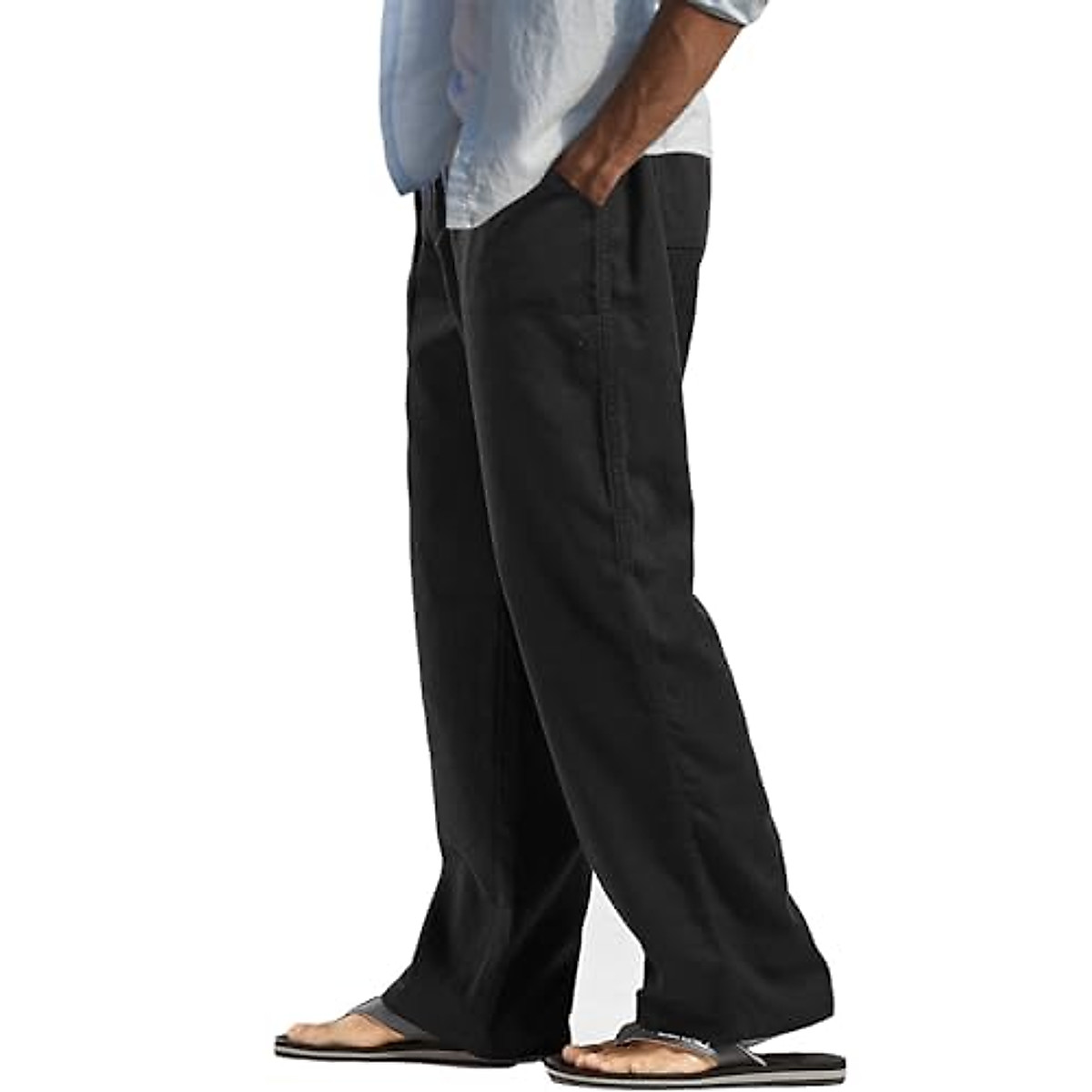 perdontoo Mens Casual Cotton Linen Pants Elastic Waist Drawstring Straight Summer Beach Pants (Small, Black)