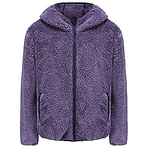 Girl's Jacket Kids Full Zip Ultra Soft Sherpa Fleece Hoodie Sweatshirt Dark Purple 16-18Years
