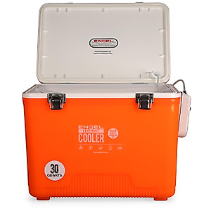 Engel 30qt Live Bait Cooler Box with 2nd Gen 2-Speed Aerator Pump - Portable Fishing Station & Minnow Bucket for Shrimp & Other Live Fish with Aerator - ENGLBC30-N in Orange High-Visibility
