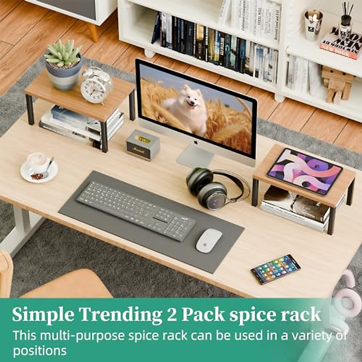 Simple Trending Cabinet Organizer Shelf,Expandable,Stackable Set of 2 Kitchen Counter Organizer Shelves for Spice Rack Desk Organizer, Metal and Wood, Natural and Black