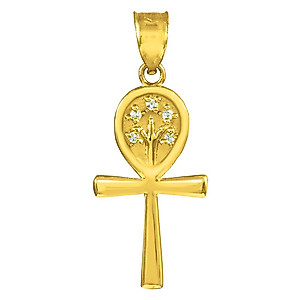 10k Yellow Gold Charm Ankh Cross Tree of Life CZ Pendant