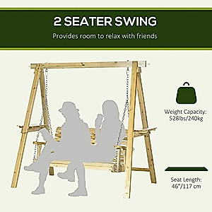 Outsunny 2-Seat Porch Swing Loveseat with Stand and Side Tables, Wooden Patio Swing Chair, for Garden, Poolside, Backyard