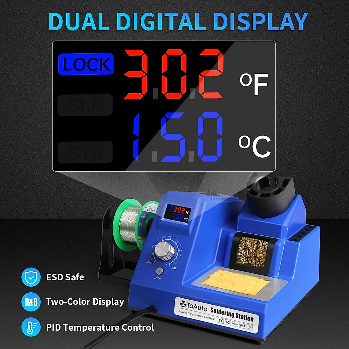 TOAUTO DS90 Soldering Station-°F & °C Dual Digital Display Soldering Iron Station Kit,90W Soldering Iron,302℉- 842℉ Temperature, Anti-Static & Grounding Wire, Auto Standby & Sleep,5 Solder Tips, Blue