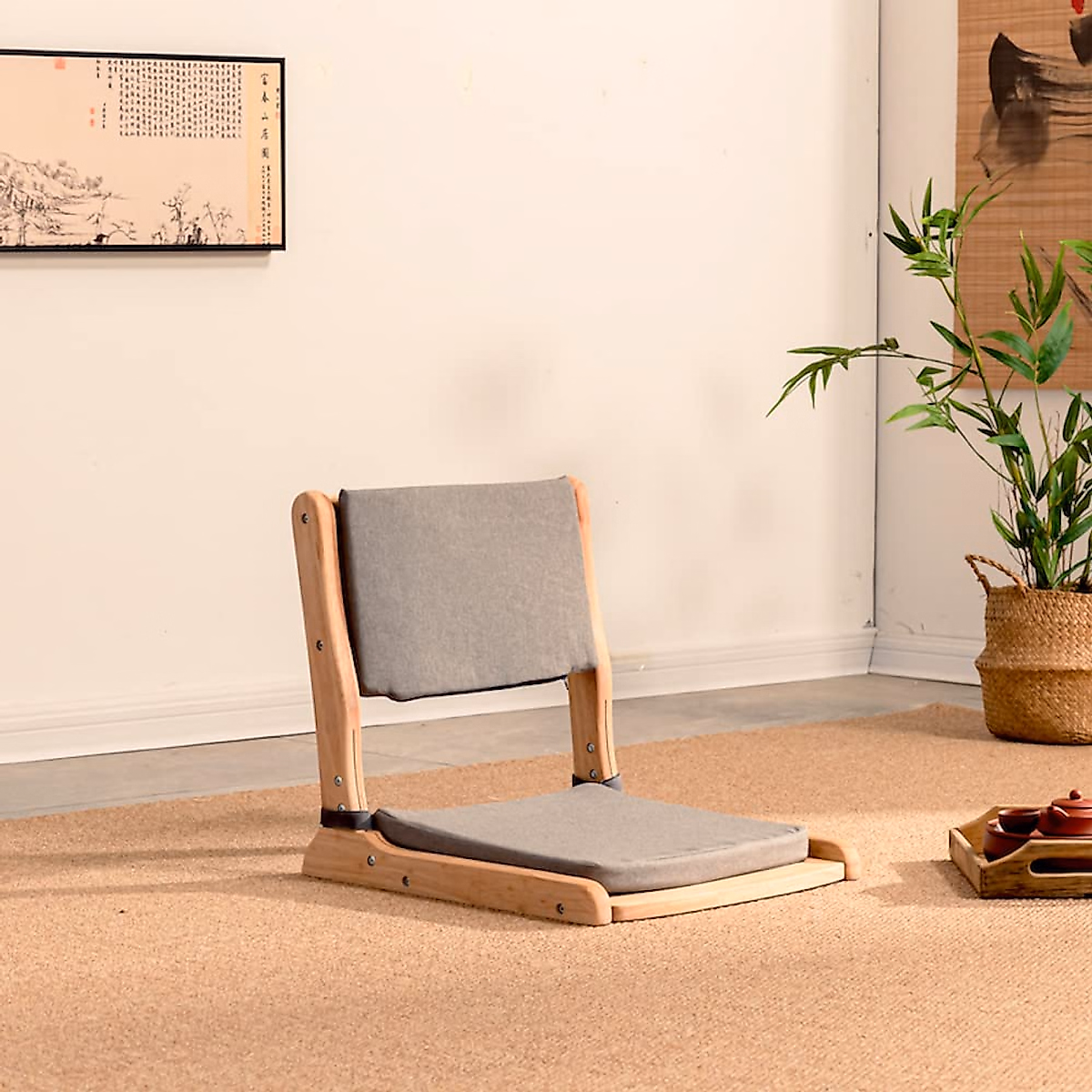 Tatami Chair Accent Furniture,Foldable Meditation Floor Chair, Living Room Chair Floor Seat, Portable Japanese Legless Chair,Lazy Sofa for Bay Window Meditation Reading (Wood Natural + Grey Cushions)