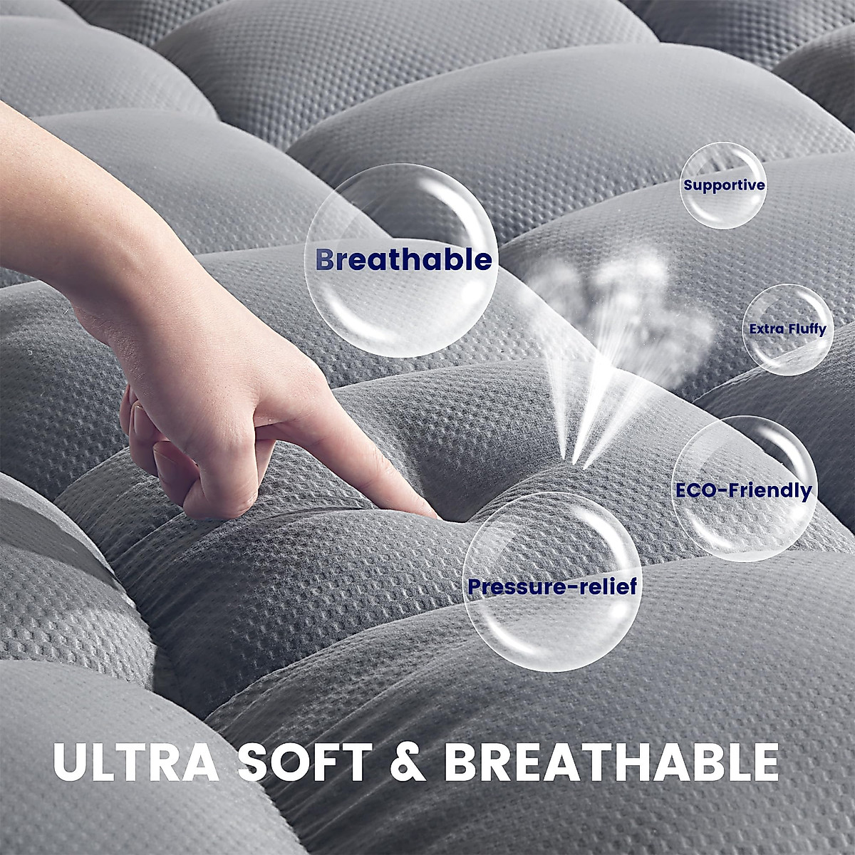 SLEEP ZONE Mattress Pad Queen Size Deep Pockets, Extra Thick Fitted Mattress Topper for Back Pain, Hotel Quality, Plush and Support, 60 x 80 Inches (Grey, Queen)