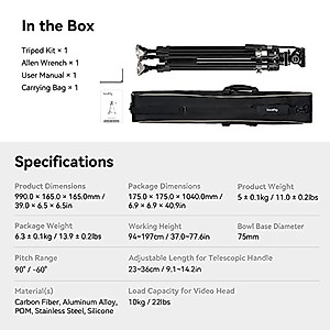 SmallRig AD-100 FreeBlazer Heavy-Duty Carbon Fiber Tripod System, 78" Video Tripod with One-Step Locking System, 360° Fluid Head and Dual-Mode Quick-Release Plate, Max Load 22 lbs for Camera -3989