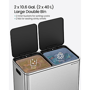 SONGMICS Trash Can, 2 x 10.6 Gallon (2 x 40 L) Garbage Can for Kitchen, with 15 Trash Bags, 2 Compartments, Plastic Inner Buckets and Hinged Lids, Airtight, Silver and Black ULTB730E80