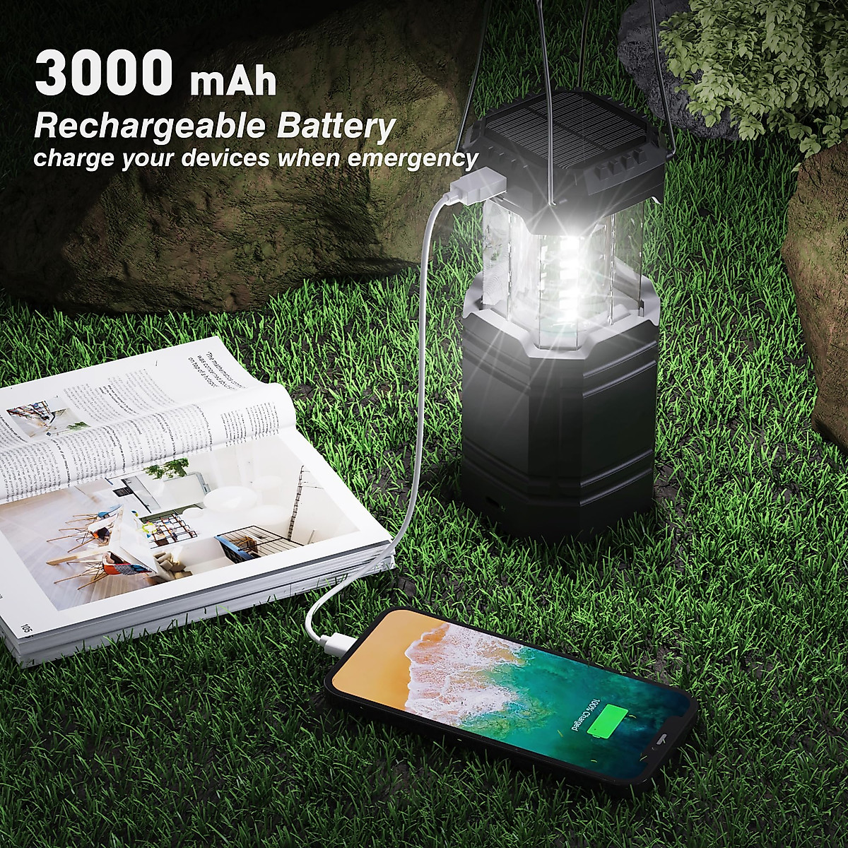 3000 Large Capacity Hand Crank Solar Camping Lantern, Portable Ultra Bright LED Torch, 23-26 Hours Running Time, USB Charger, Electronic Lantern for Outdoor