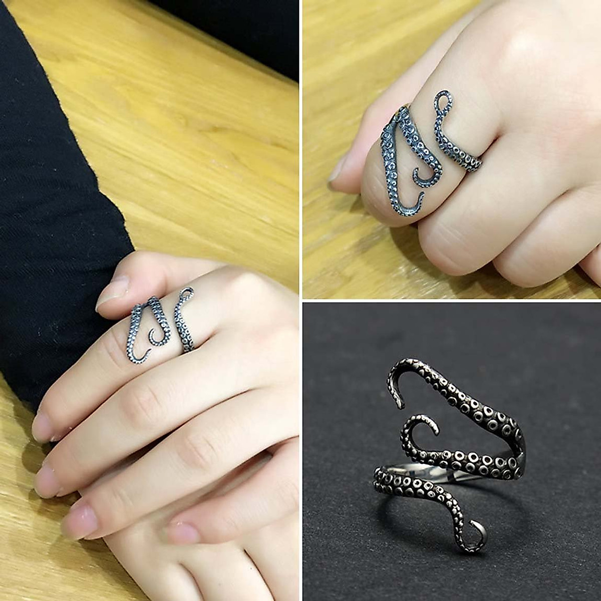 BRBAM Adjustable Punk Style Octopus Tentacle Ring Unisex Devilfish Jewelry Gift (Silver)