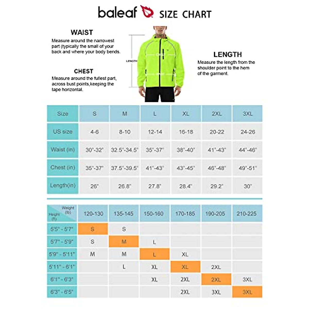 BALEAF Men's Cycling Rain Jacket Waterproof Windbreaker Running Hiking Travel Golf Gear Lightweight Hood Packable Reflective Yellow M