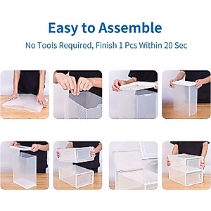 12 Pack Shoe Organizer Storage Bins, Clear Plastic Stackable Shoe Boxes for Closet, Space Saving Foldable Shoe Storage Bins, Sneaker Storage Shoe Box Container, White Frame
