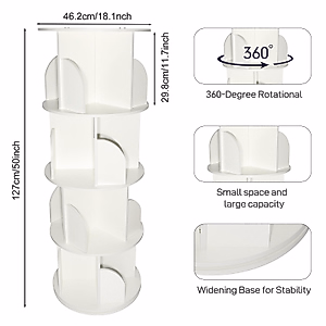 BEICNWOD Rotating Bookshelf,4 Tier 360° Revolving Bookcase,Small Corner Bookshelf for Small Space, Stackable Bookshelf Organizer, Display Cabinet for Office Home Living Room，White (White)