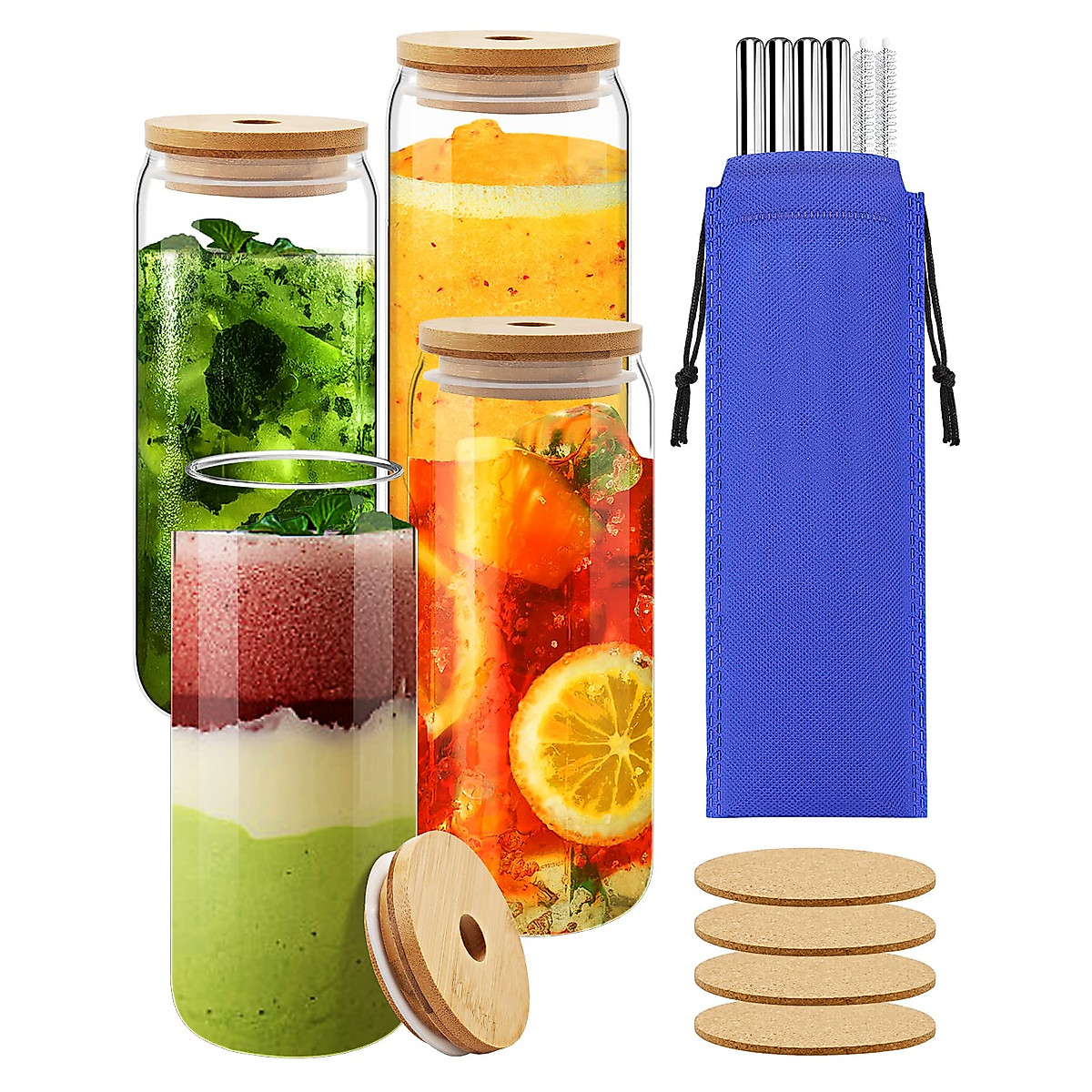 MOVNO Sublimation Glass Cups with Lids and Straws, 4 Pack 20oz Drinking Glasses with Bamboo Lid Iced Coffee Cup Can Shaped Cups Reusable Boba Cups Juices Cocktail Travel Bottle Gifts