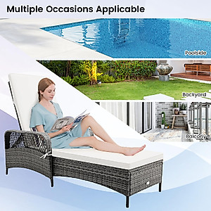 HAPPYGRILL 2PCS Patio Rattan Chaise Lounge, Outdoor PE Wicker Sun Lounger with Adjustable Backrest, Removable Cushion & Pillow, Reclining Chaise Lounge Sunbed for Balcony Poolside Yard