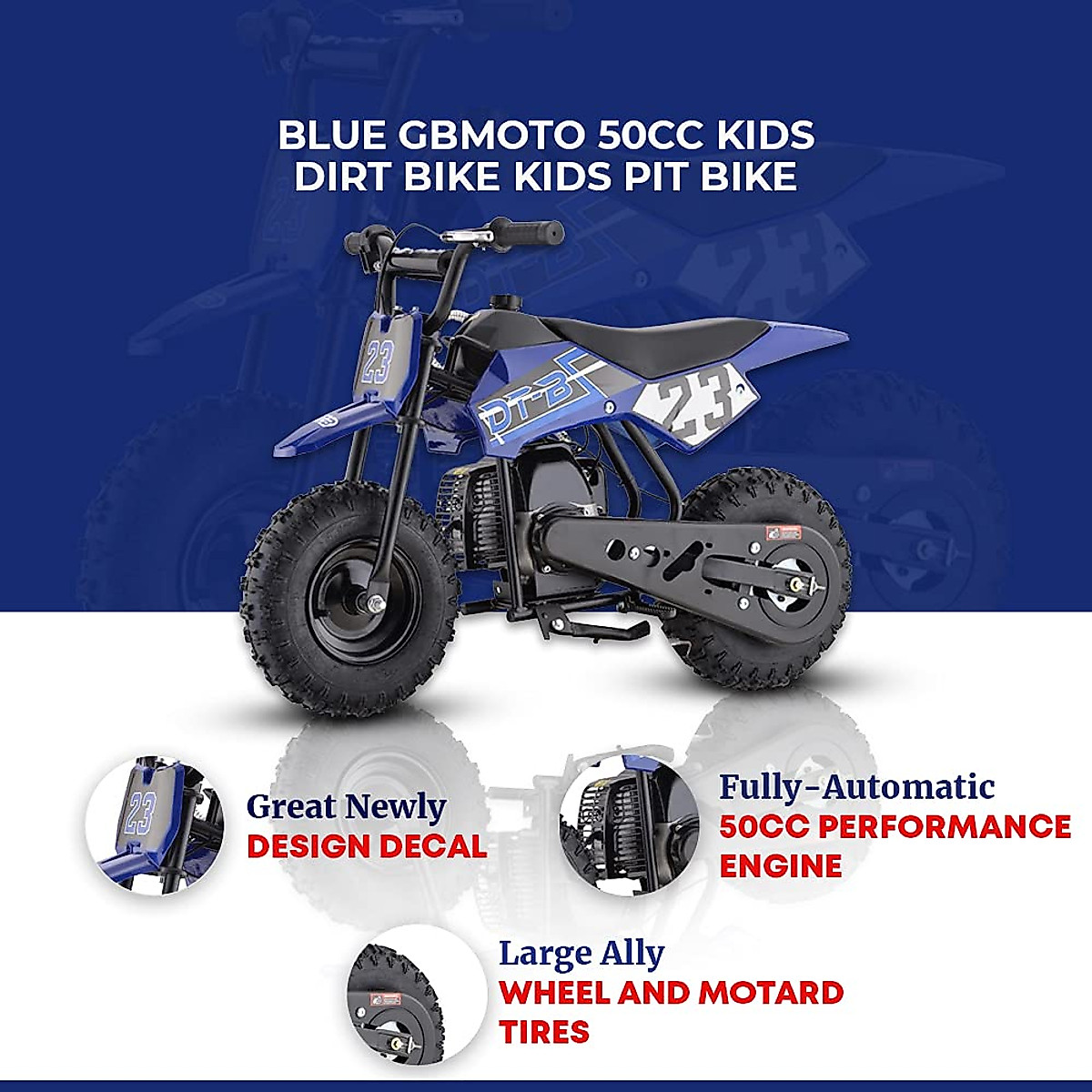 GBmoto Blue 50cc Kids Dirt Bike, Kids Pit Bike, 2-Stroke Gas Dirt Bike