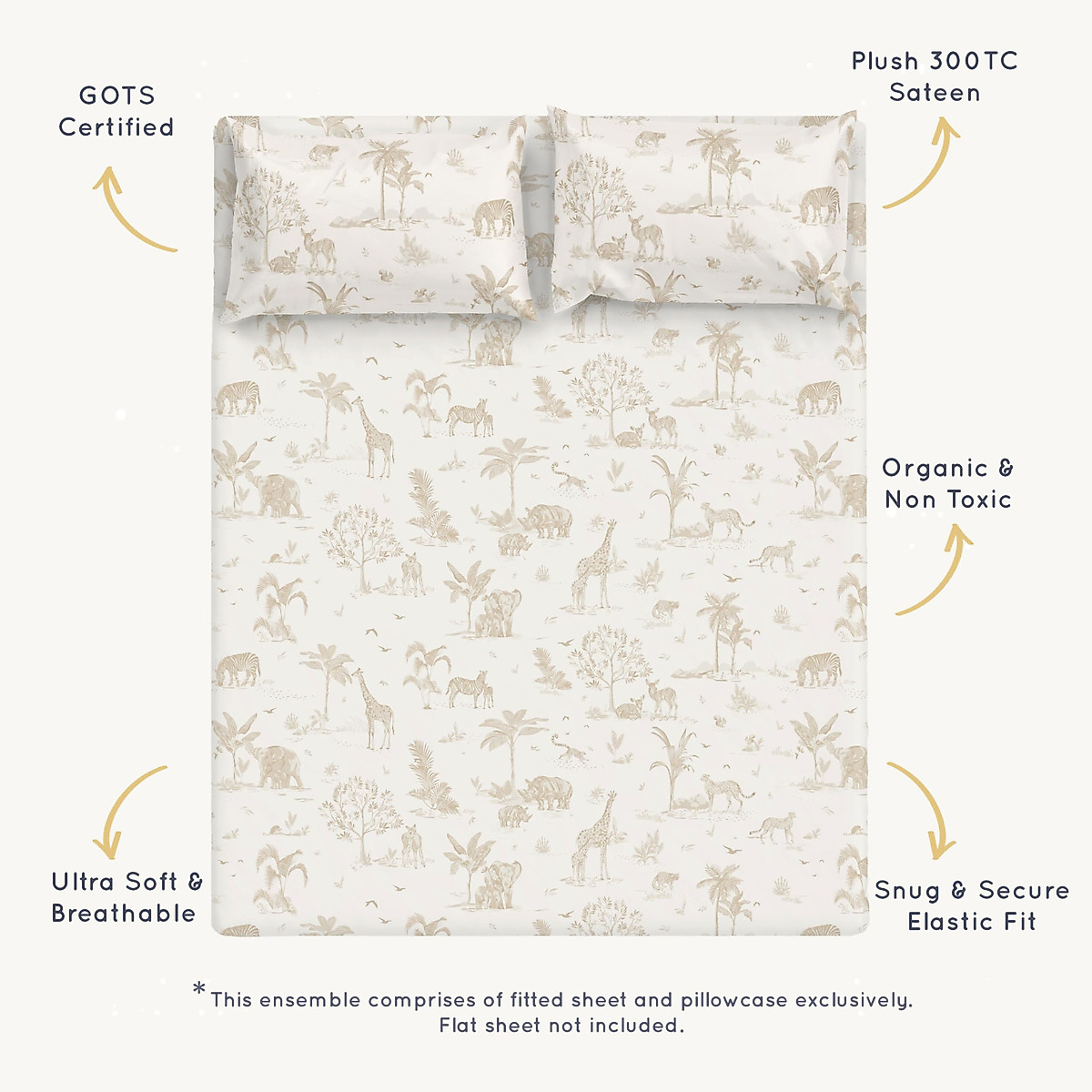 MakeMake Organics Organic Twin Fitted Sheet Set GOTS Certified Organic Cotton Fitted Sheet with Pillowcase Ultra Soft Non Toxic Breathable Hypoallergenic Animals Theme Room (Twin, Safari)