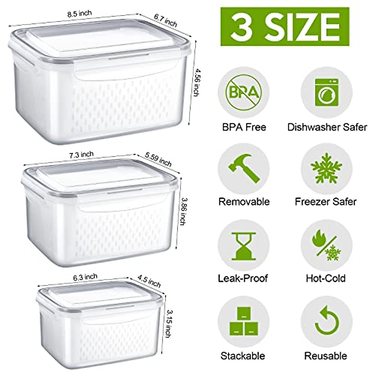 Potchen 6 Pieces Fruit Storage Containers for Fridge Produce Saver Containers with Drain Baskets Fridge Organizers with Airtight Lid Fruit Vegetable Storage Containers Organizer for Refrigerator